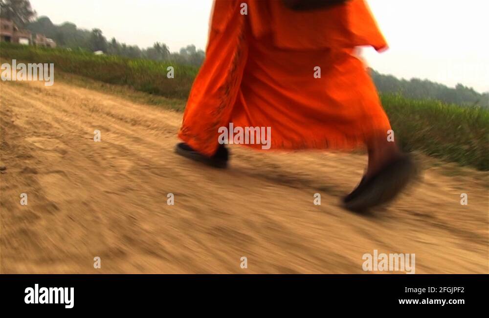 Indian baul (folk singer) walking with his musical instrument over ...
