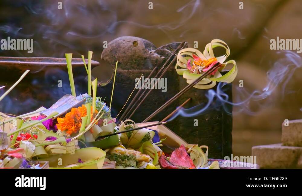 Beautiful ceremonial offering to gods in Hindu Temple. Bali, Indonesia ...