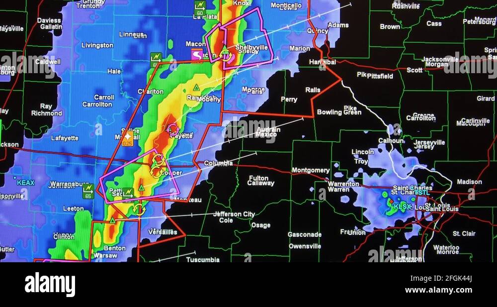 Doppler radar screen showing line of thunderstorms and tornado ...