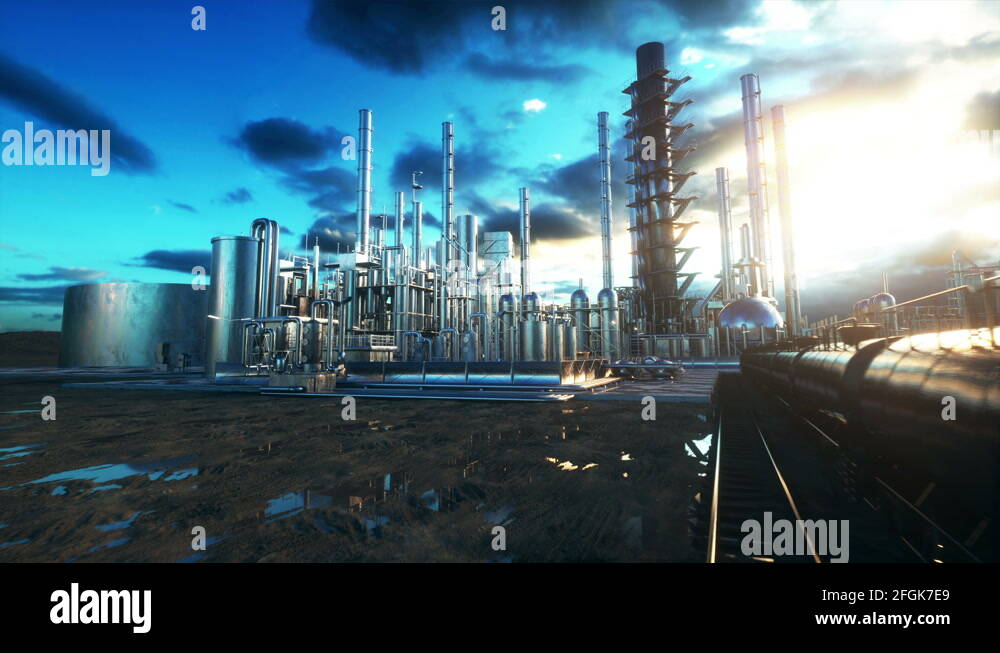 Refinery. Petrolium, chemical plant. Metal Pipe.Realistic cinematic 4k ...