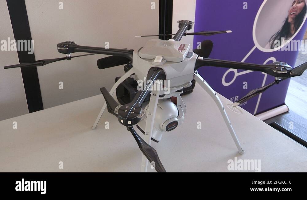 Camera equipped UAV drone on display Stock Video Footage - Alamy
