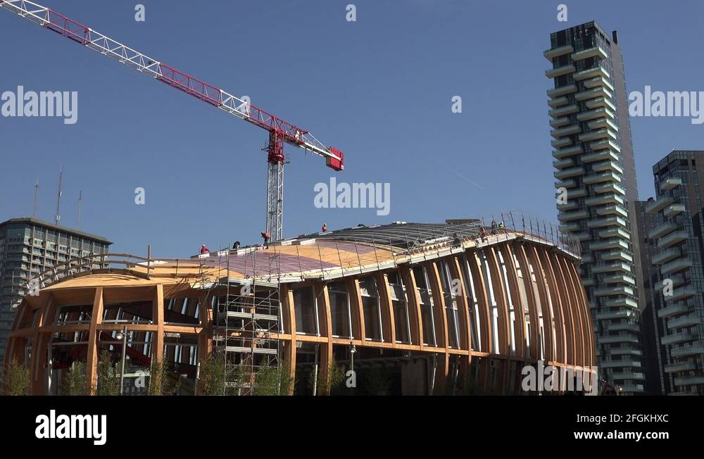 4K Modern construction building design in Milan new residence district ...