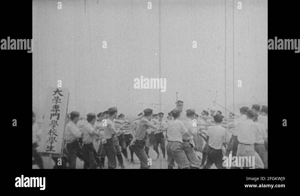 JAPAN: soldiers train for battle in circle. Japanese flag in sky. Men ...