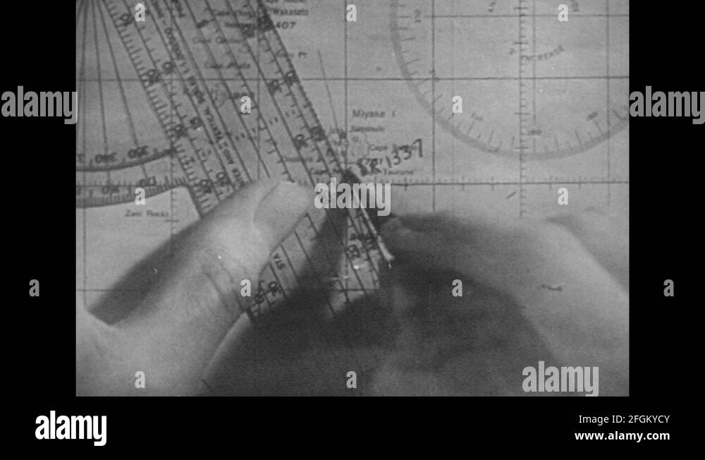 1940s: Close up, hand marks on map with ruler / Close up of watch ...