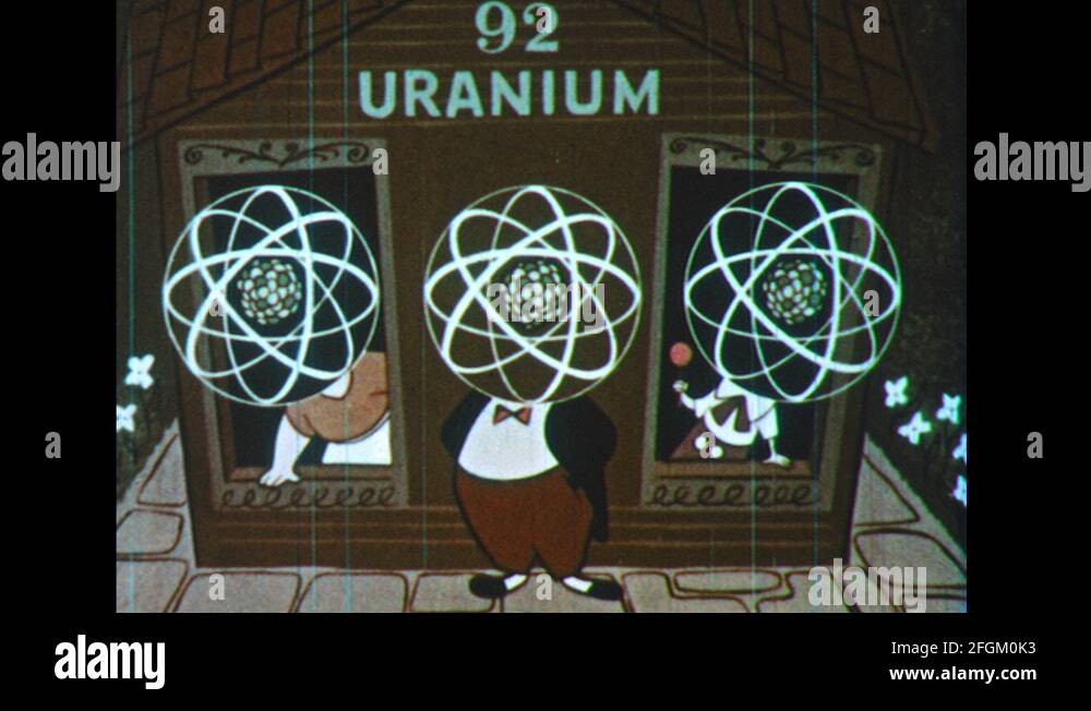 Animated. A family of cartoon, anthropomorphic isotopes stand outside ...