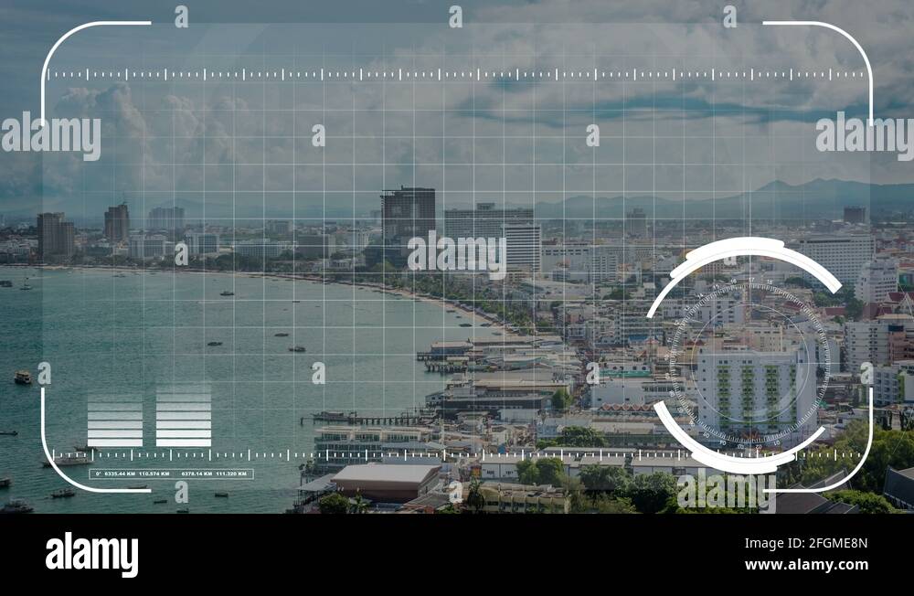 Animation drone camera scanning focusing seaside city in military ...