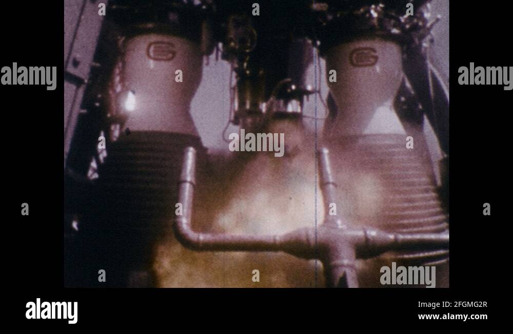 1960s: Rocket engines fire / Smoke by engines / Low angle view, rocket ...