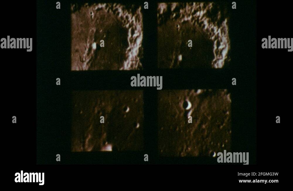 1960s: Four screens showing surface of moon / Zoom in on surface of ...