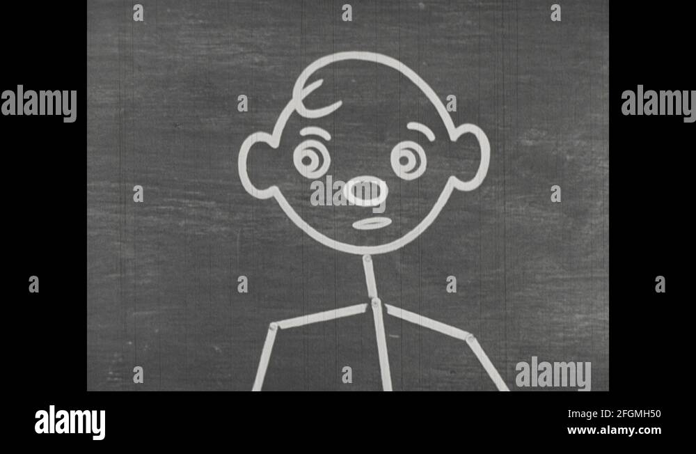UNITED STATES 1950s: stick figure talks. hand erases stick figure. boy ...