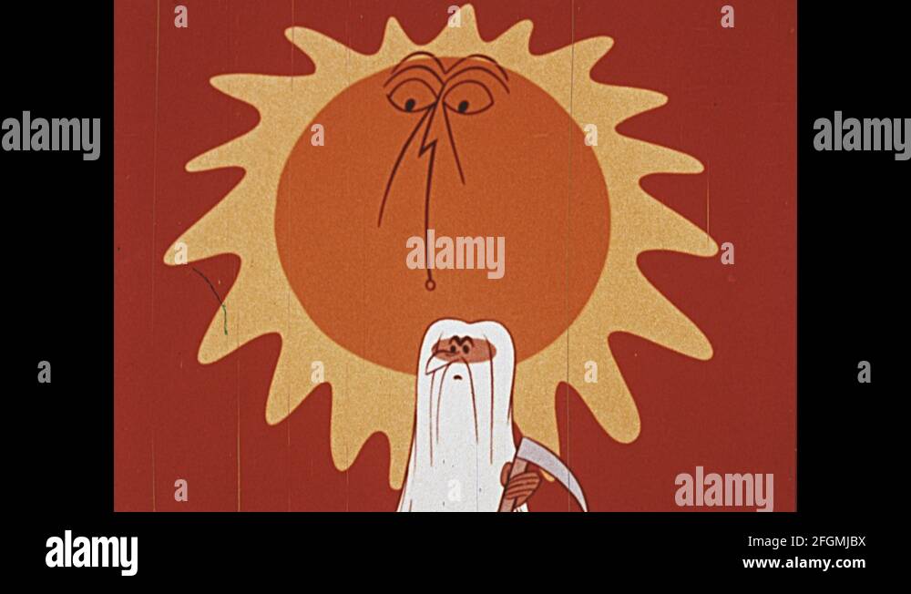 United States: 1950s: Cartoon sun pulls a funny face. Two men talk to ...