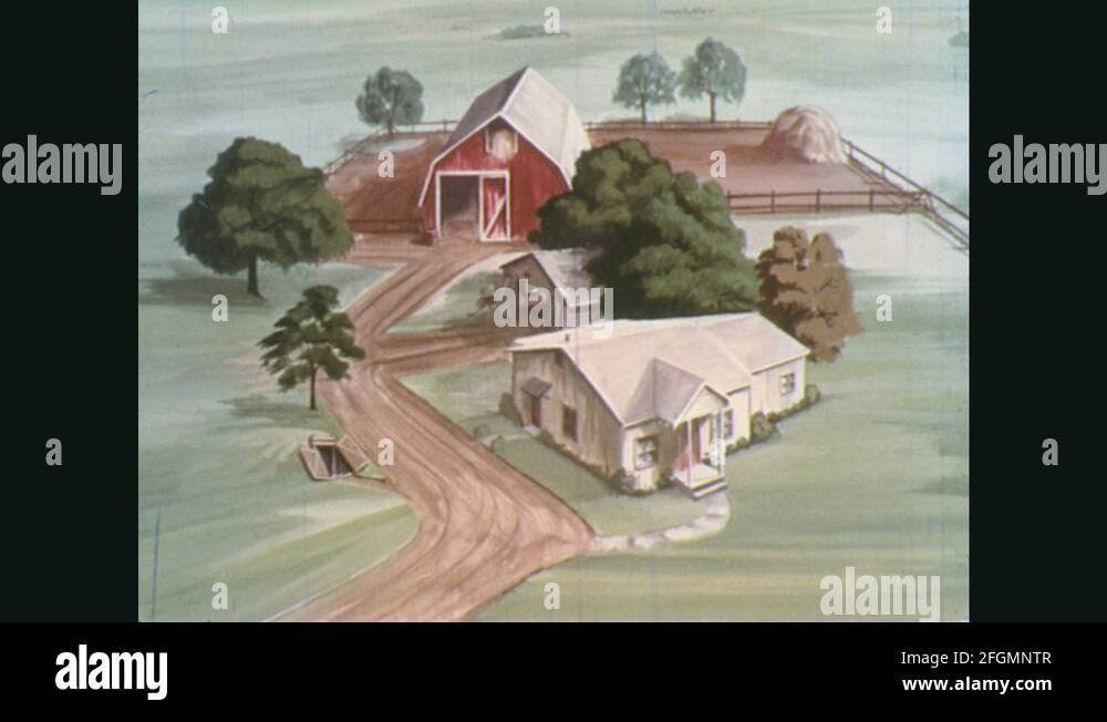 UNITED STATES: 1970s: drawing of house and farm buildings. Fallout ...