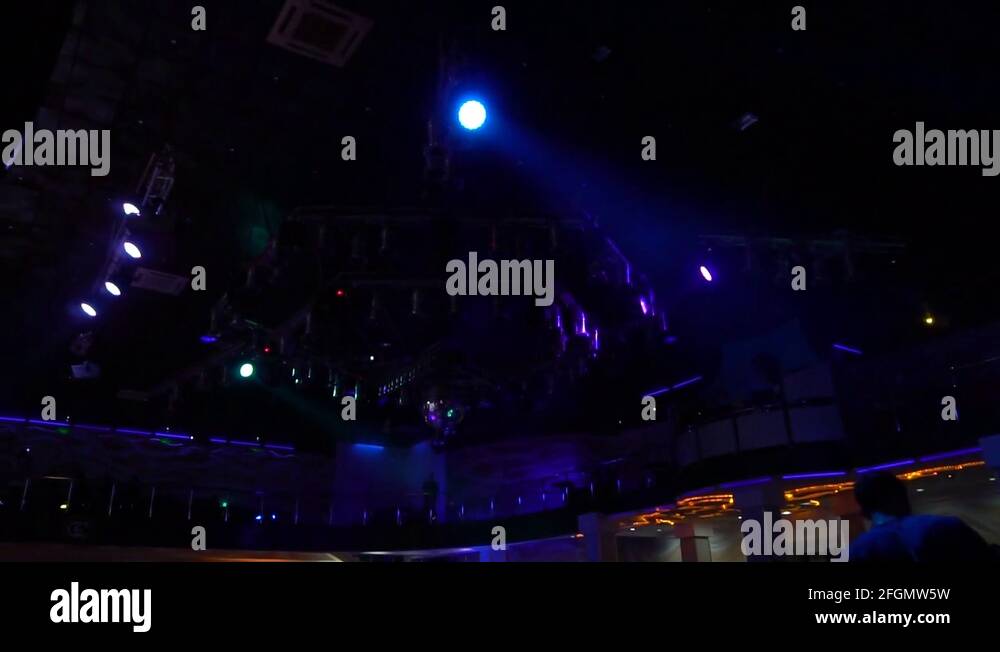 Lighting at the concert. Stage lights. Disco ball. Searchlights Stock ...