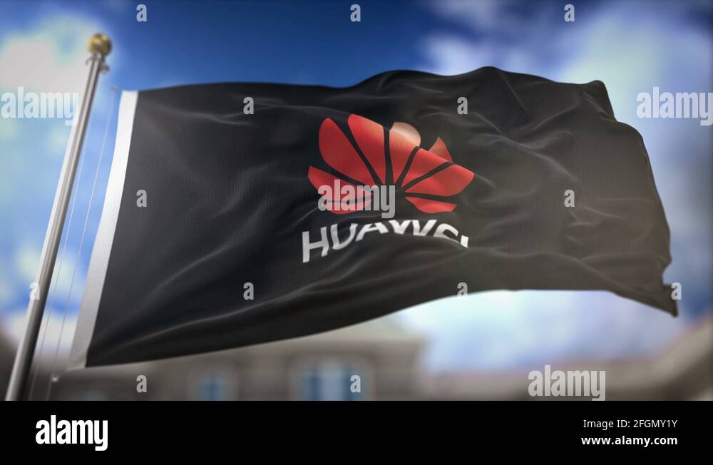 Huawei Flag Waving Slow Motion 3D Rendering Blue Sky Background ...