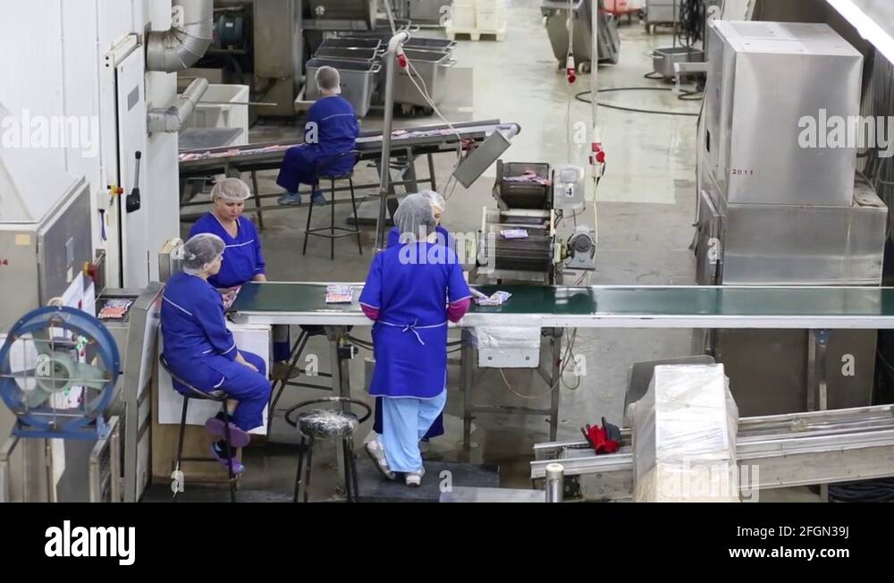 Women in uniform are sorting package with crabs sticks at conveyor ...