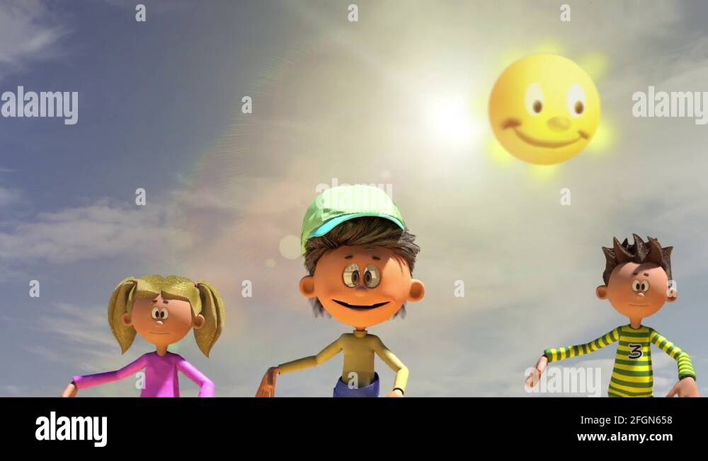 animated cartoon children running on a bright Sunny day render 3D Stock ...