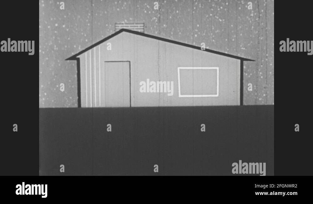 1950s: UNITED STATES: Animation of fallout over house. Cartoon family ...