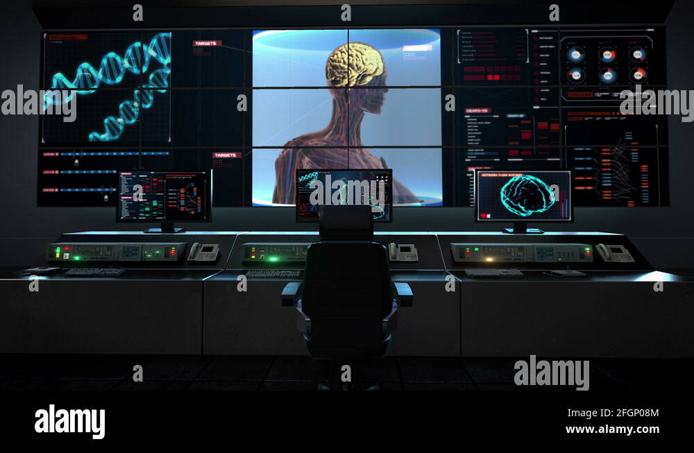 Human medical care center, main control room, Scanning Brain in female ...