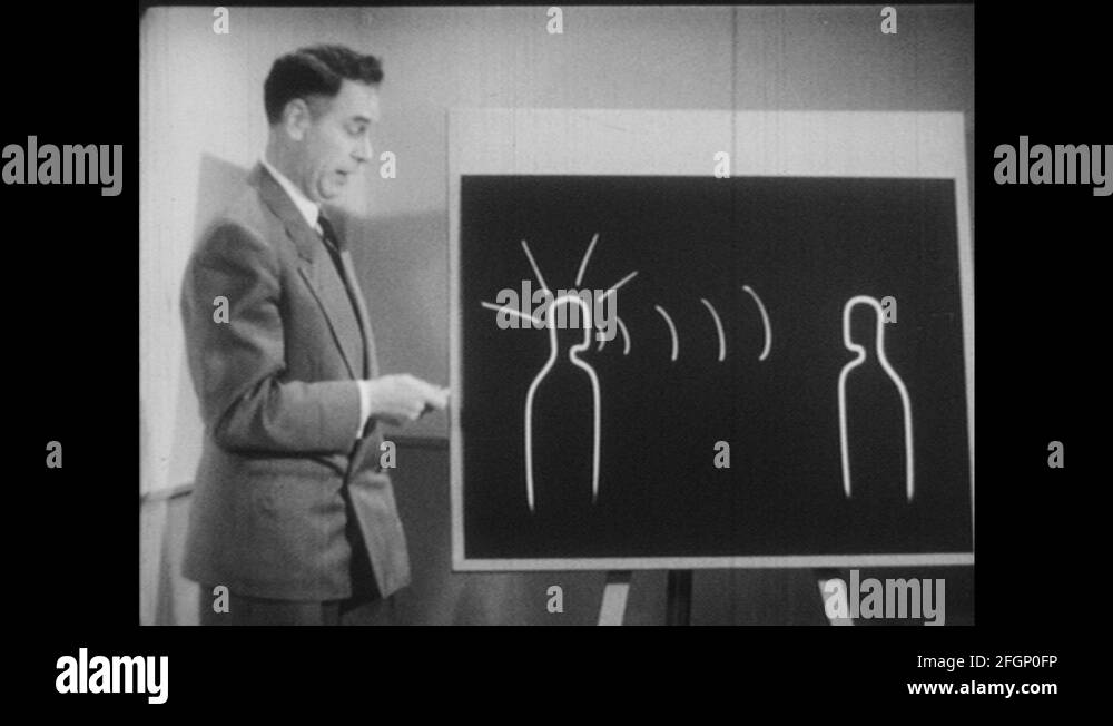 1950s: Male professor stands at chalkboard with drawing of two people ...