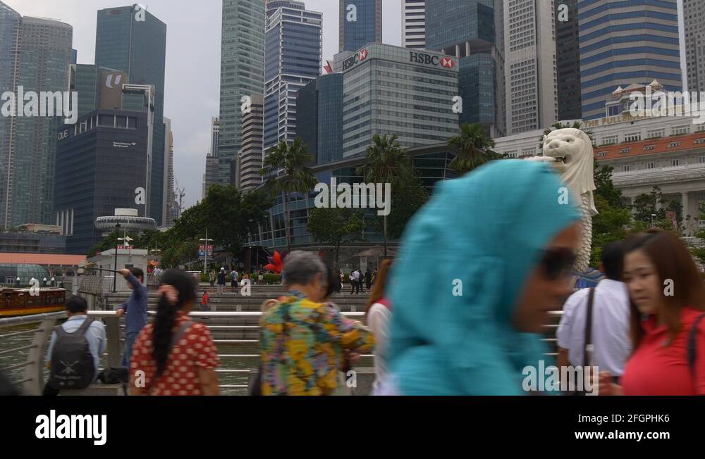 singapore day time famous merlion fountain downtown bay panorama 4k ...