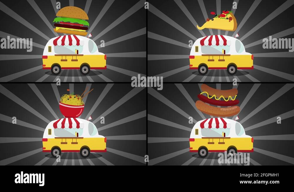 Set of Cartoon Fast food Cars over black background. Fast food trucks ...