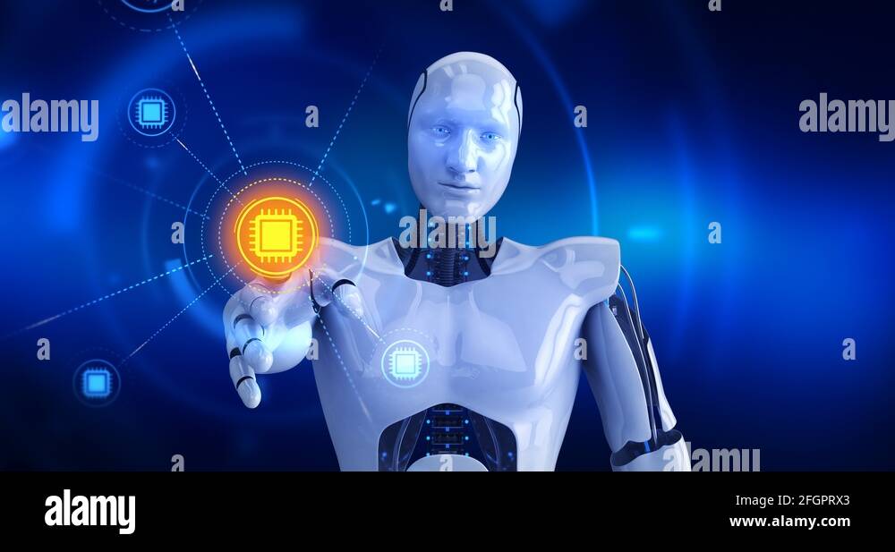 Humanoid robot touching on screen then computer cpu symbols appears ...
