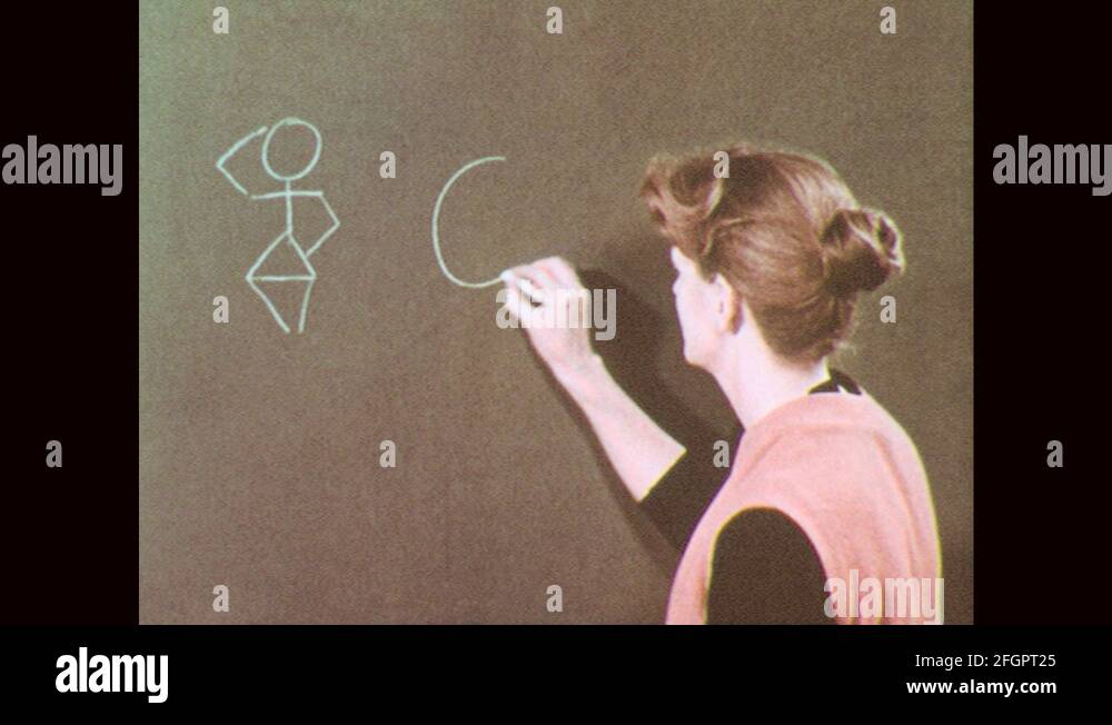 1950s: Woman draws happy face with chalk. Woman draws sad face with ...
