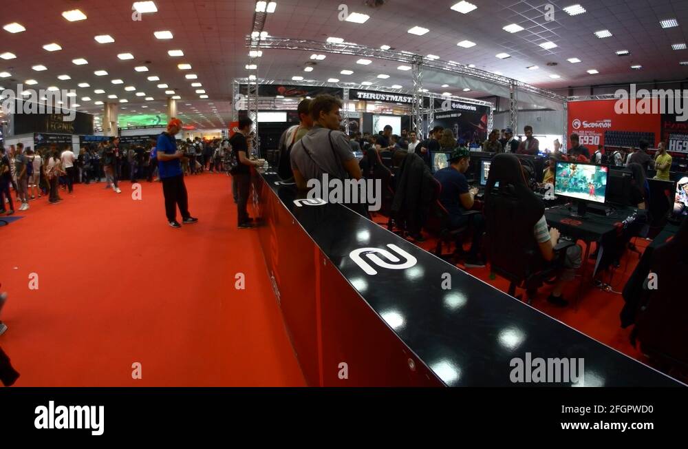 Gaming Hall On A Big Convention, Contestants Engaged In A Gaming ...