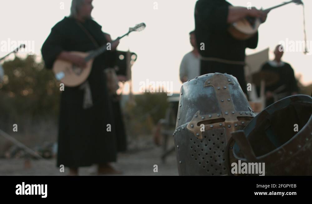Medieval Templar monks playing musical instruments Stock Video Footage ...