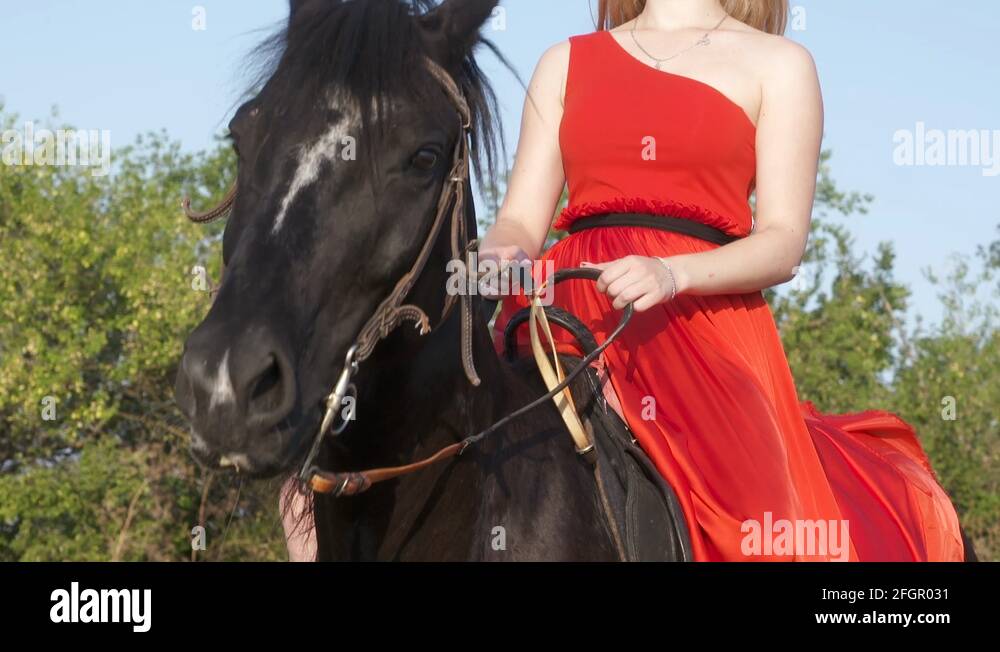 Young girl wearing long red dress riding black horse Stock Video ...