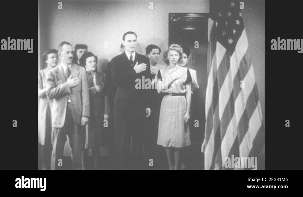 1950s: Group saying pledge of allegiance. Drawing of man hanging, crowd ... 1950s: Group saying pledge of allegiance. Drawing of man hanging, crowd ...