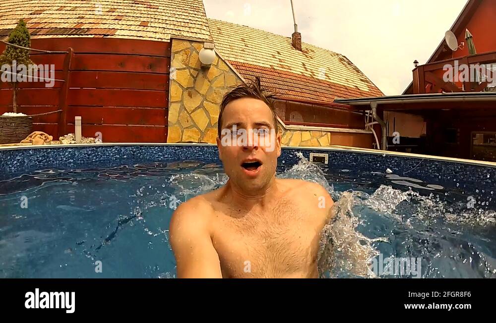 Man Jumping Into The Swimming Pool Slow Motion Selfie Stock Video ...