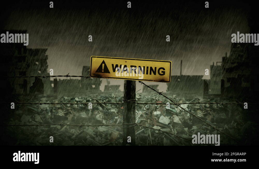 Warning sign in the rain. Matte painting animation. Post apocalyptic ...