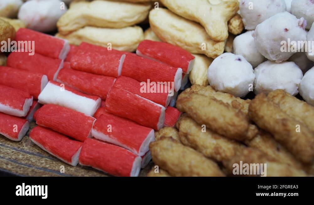 Fried fish ball and other kind of meatball and seafood at street food ...