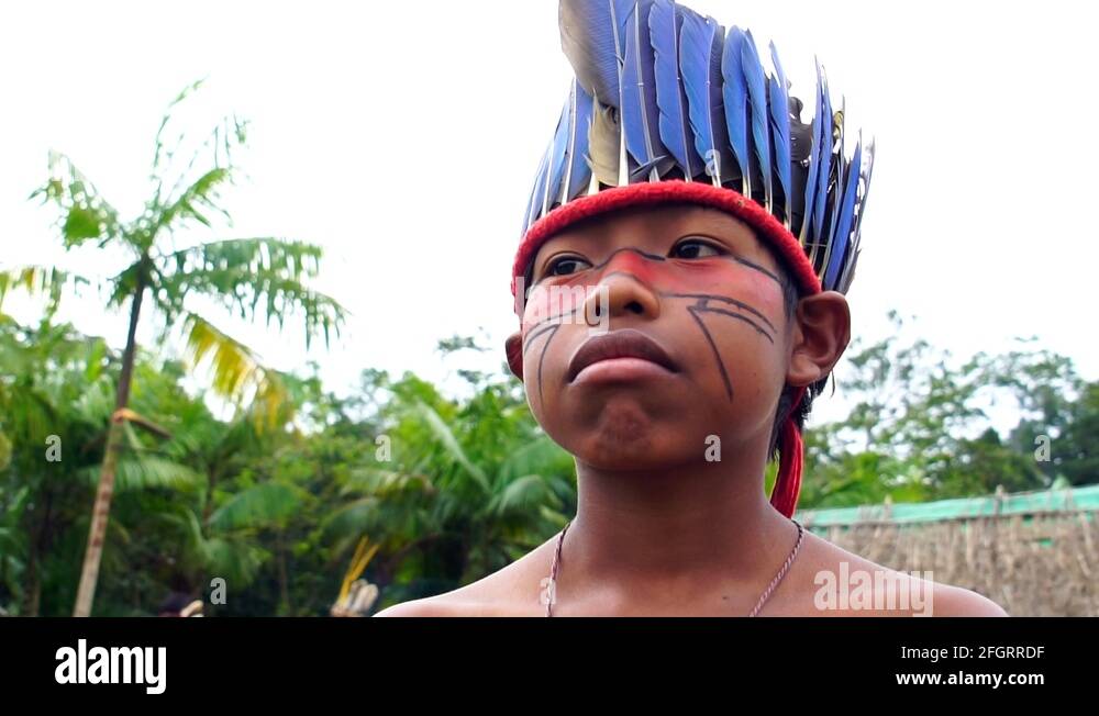 Native Brazilian Boy on a indigenous Tupi Guarani Tribe in Brazil Stock ...