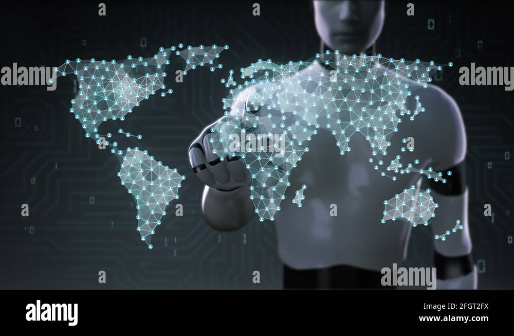 Robot, cyborg touching Social people icon, makes global world map, 2 ...