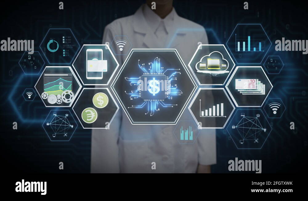 Female scientist touching Fin-tech icon, Financial technology and ...