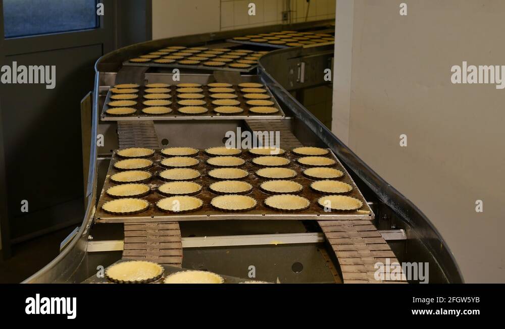 Baked Pies base pastries on a conveyor belt in a bakery factory Stock ...
