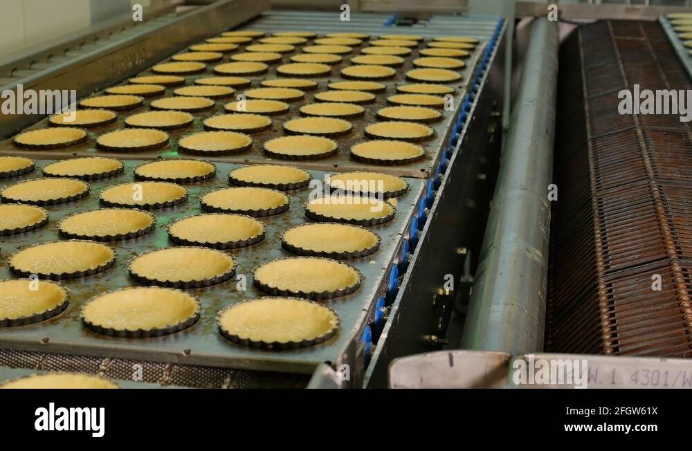 Baked Pies base pastries on a conveyor belt in a bakery factory Stock ...