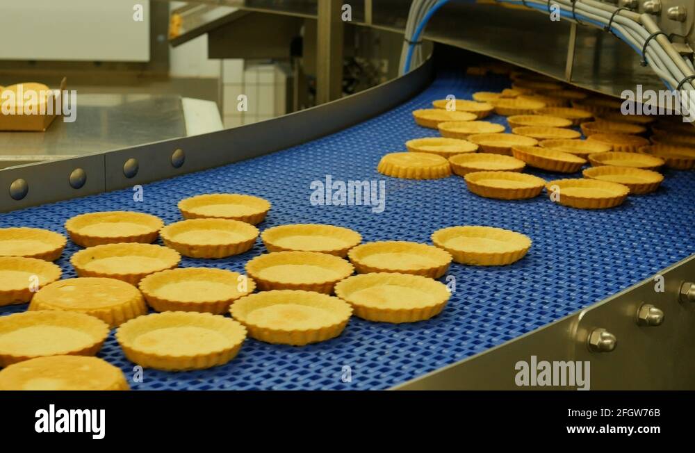 Baked Pies base pastries on a conveyor belt in a bakery factory Stock ...