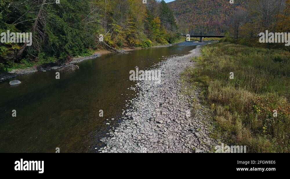 Delaware River Bridge Fall Foliage low river follow truck Stock Video ...
