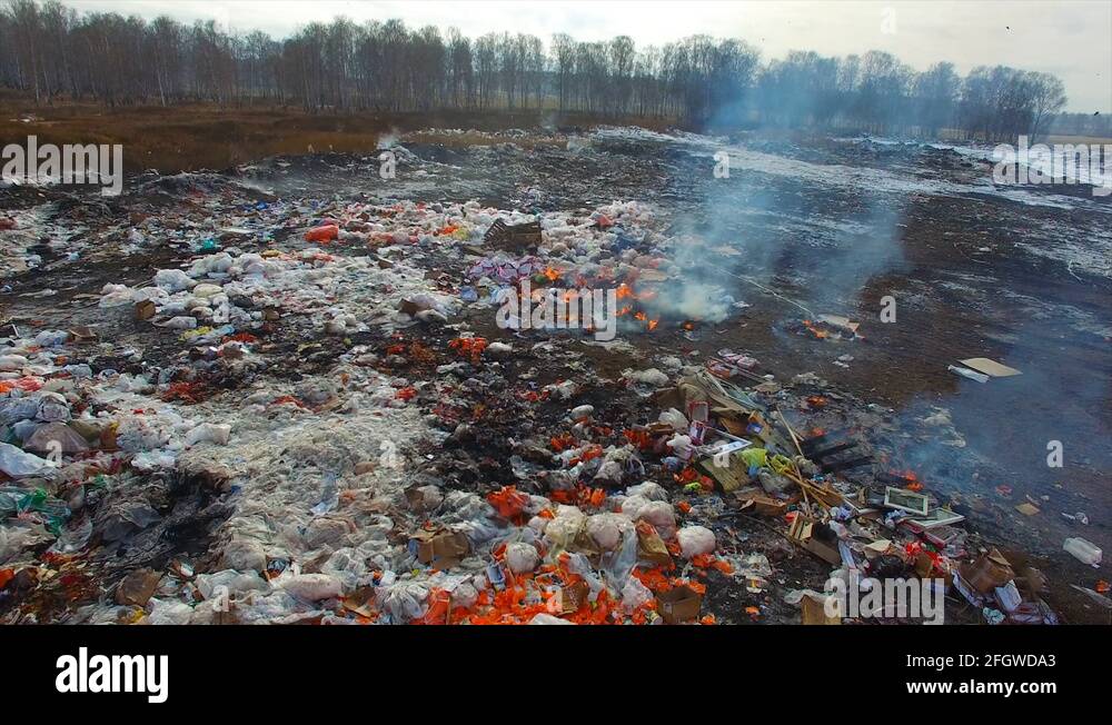 Incineration of waste debris, environmental pollution Shooting from air ...