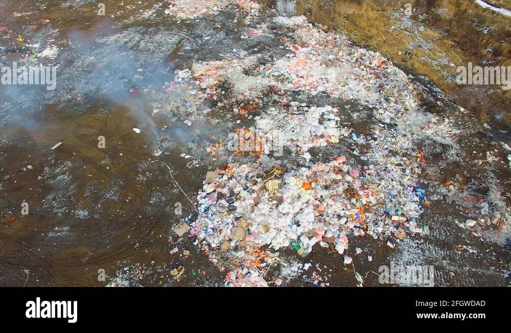 Incineration of waste debris, environmental pollution Shooting from air ...