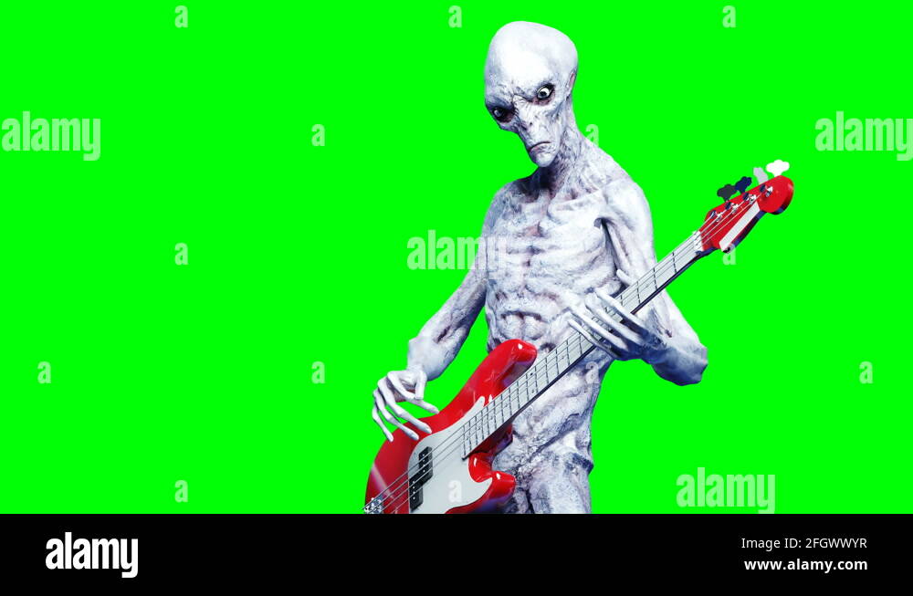 Funny alien plays on bass guitar. Realistic motion and skin shaders. 4K ...