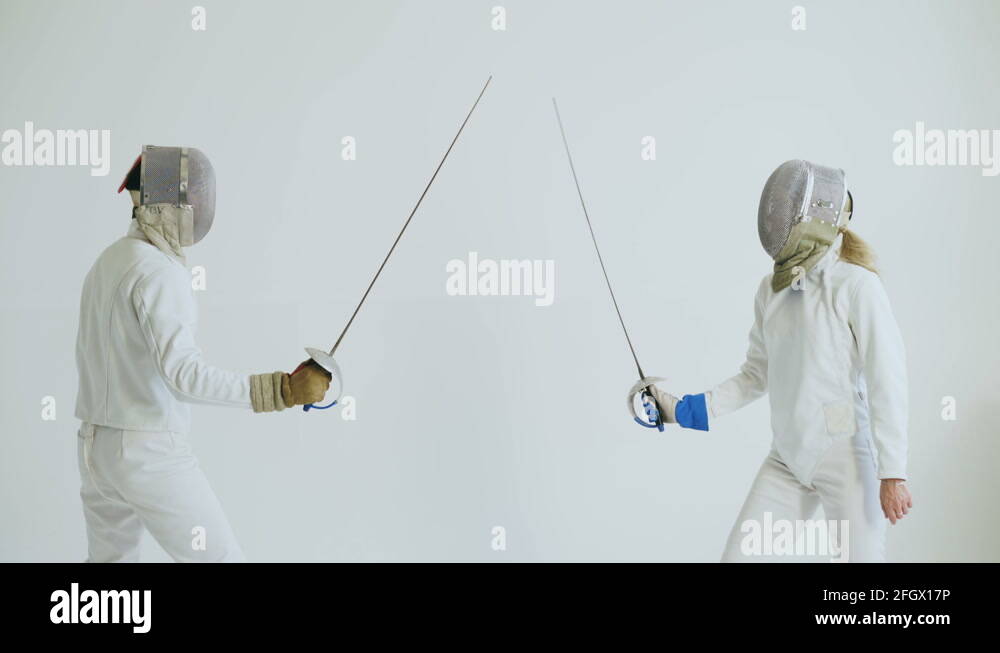 Two fencers have fencing training on white background Stock Video ...