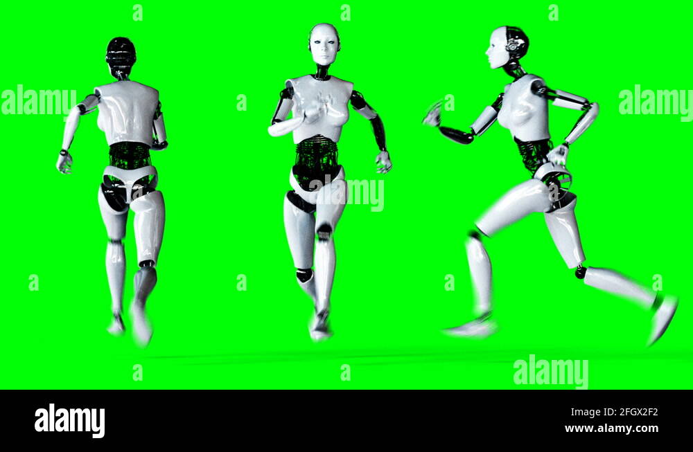 Futuristic humanoid female robot is running . Realistic motion and ...