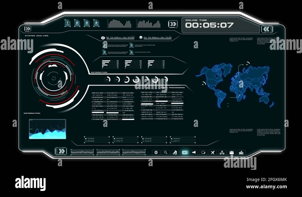 4K Animation HUD panel graph bar world map user interface for cyber ...