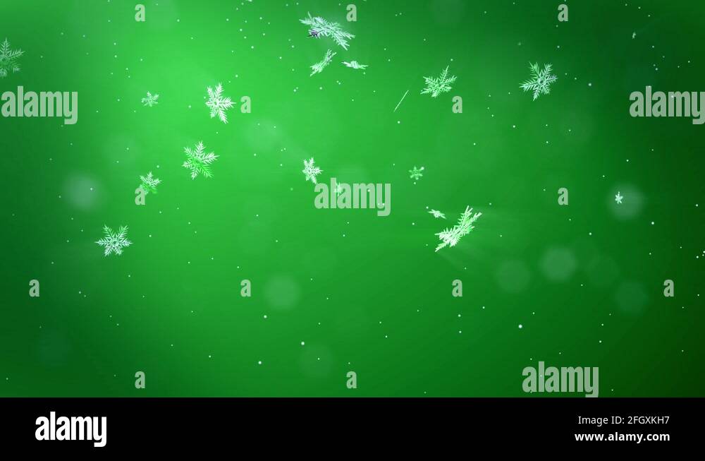 shining 3d snowflakes fly in air at night on a green background. Use as ...