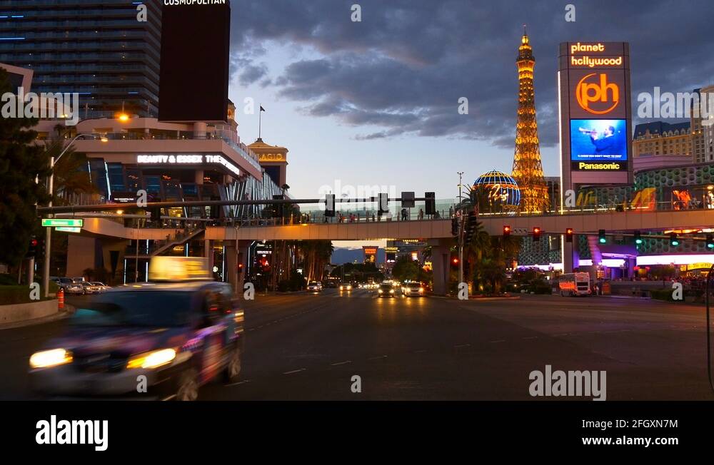 night las vegas city strip crossroad pedestrian bridge panorama 4k usa ...