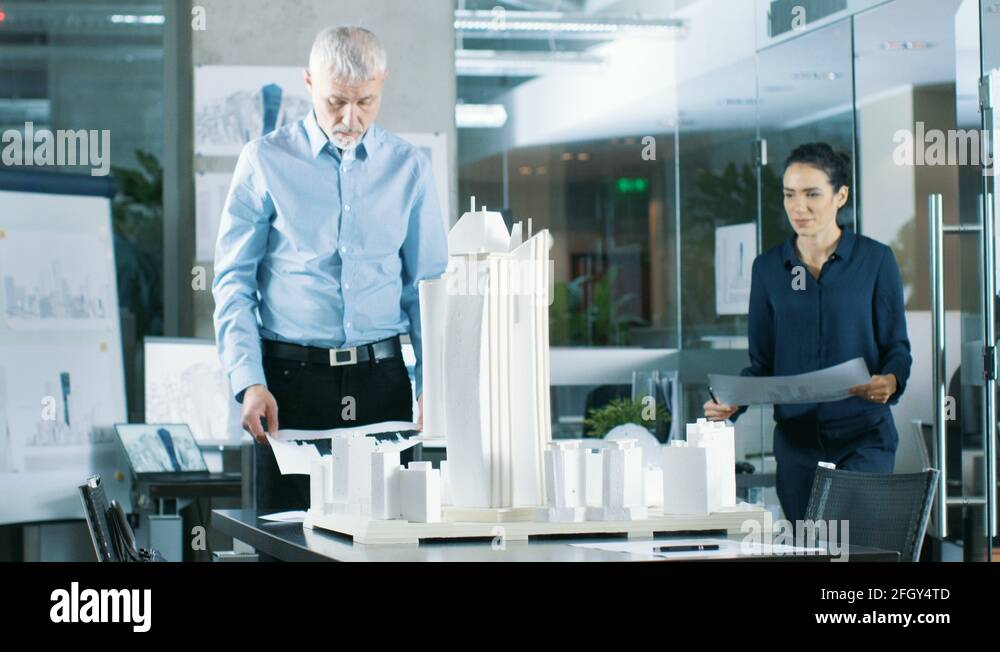 In the Architectural Bureau Female Engineer Brings Blueprints and Shows ...