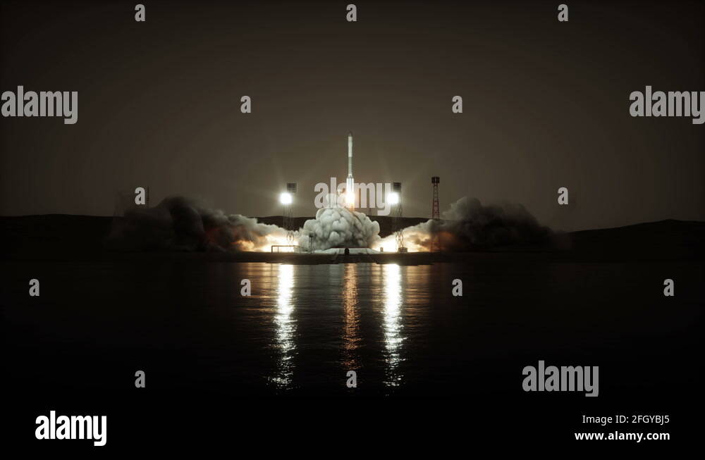 Rocket launch animation. Space launch system. Night. Realistic 4k ...